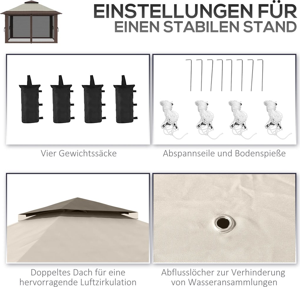 Skládací altán Outsunny 4x4m, výškově nastavitelný zahradní altán s UV ochranou a síťovými závěsy, dvojitá střecha v béžové barvě pro zahradní párty …