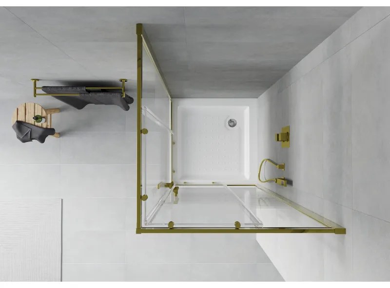 Mexen Rio, čtvercový sprchový kout s posuvnými dveřmi 80 (dveře) x 80 (dveře) x 190 cm, 5mm čiré sklo s pásky, zlatý profil + bílá sprchová vanička RIO, 860-080-080-50-20-4510