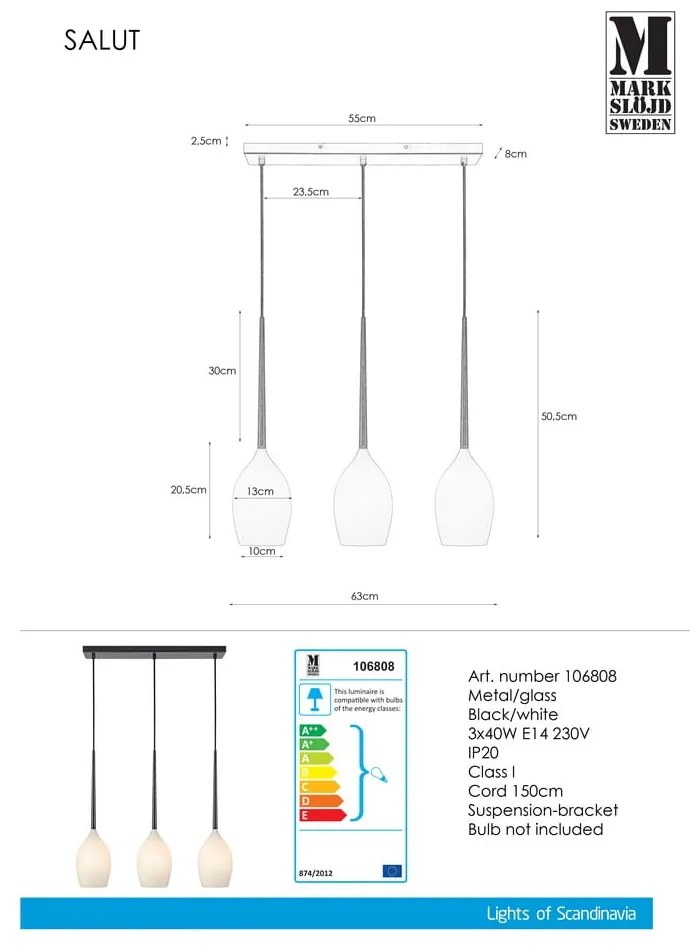 Bílo-černé závěsné svítidlo se skleněným stínidlem Salut – Markslöjd