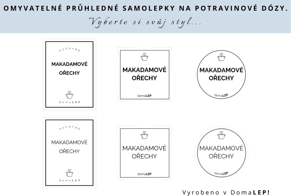 MAKADAMOVÉ OŘECHY - omyvatelná samolepka na dózu, výběr rozměrů Ø 5 cm / 5 x 5 cm / 6 x 8 cm | DomaLEP tvar: ČTVEREC, barva: PRŮHLEDNÁ - ČERNÉ písmo, velikost: š. 5 cm x v. 5 cm - tučné písmo
