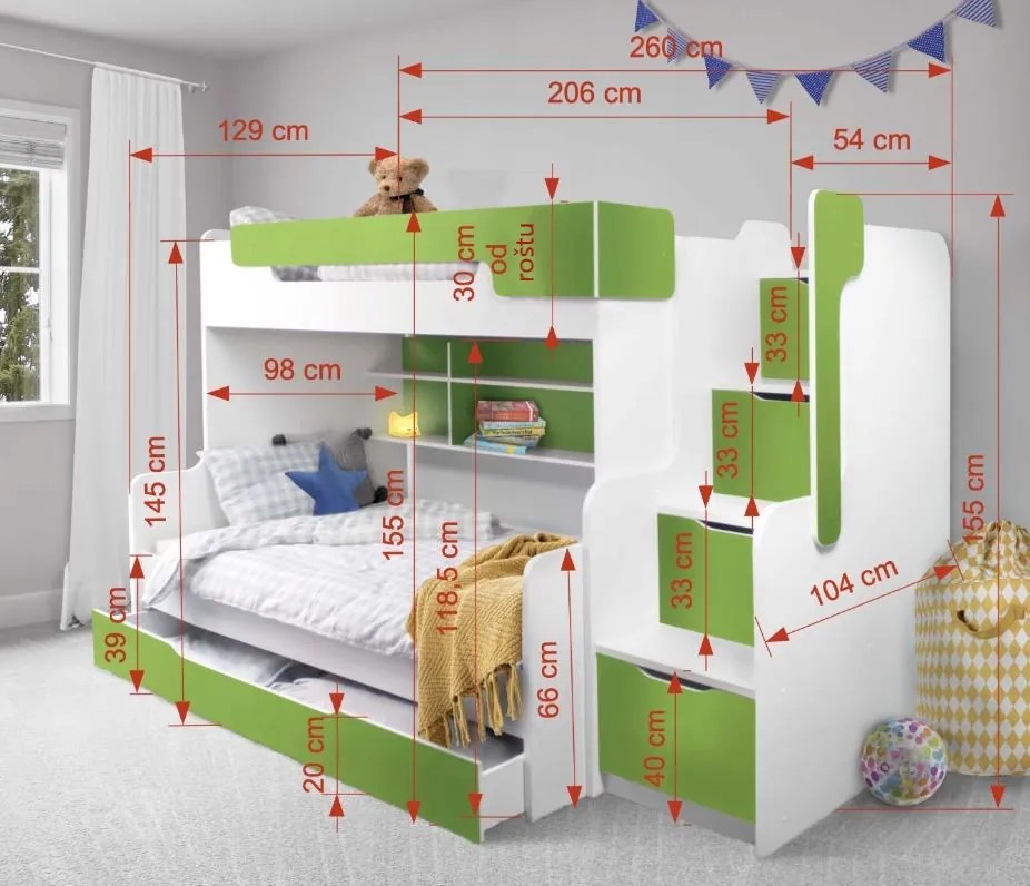 Dětská patrová postel s rozšířeným spodním lůžkem a šuplíkem HARRY bílá - 200x90/120 cm