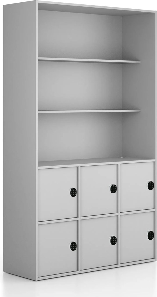 Kancelářská skříň FRAME, 6x dveře, 2x police, 1299 x 450 x 2162 mm, kódový zámek, šedá