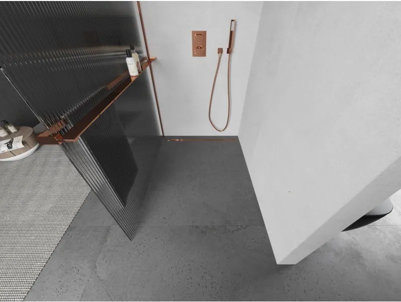 Mexen Kioto+ L, sprchová zástěna Walk-In s poličkou a věšákem 90 x 200 cm, 8mm sklo s žebrovým vzorem, růžové zlato profil, 800-090-123-60-09