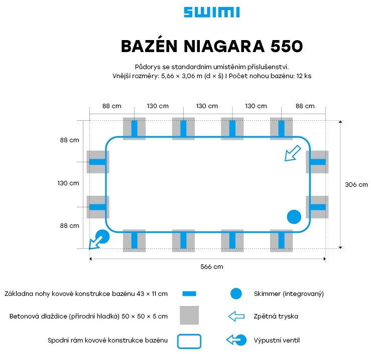 Technypools Bazén NIAGARA 550 5,66 x 3,06 x 1,25 m (9900P) Barva: modrá