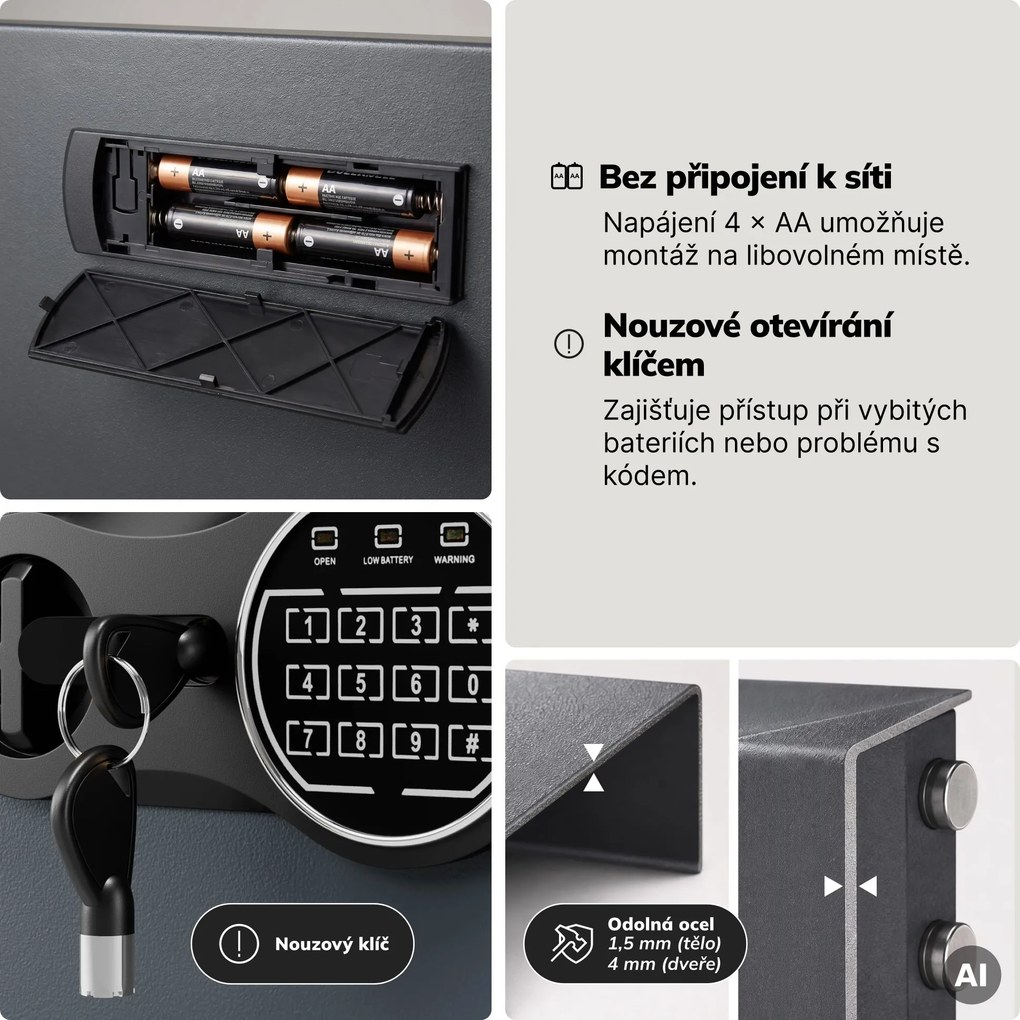Malý domácí trezor, elektronický zámek na kód, na peníze a dokumenty, 350x250x250 mm: DORIAN
