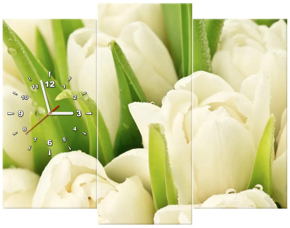 Gario Obraz s hodinami Jemné tulipány - 3 dílný Rozměry: 80 x 40 cm