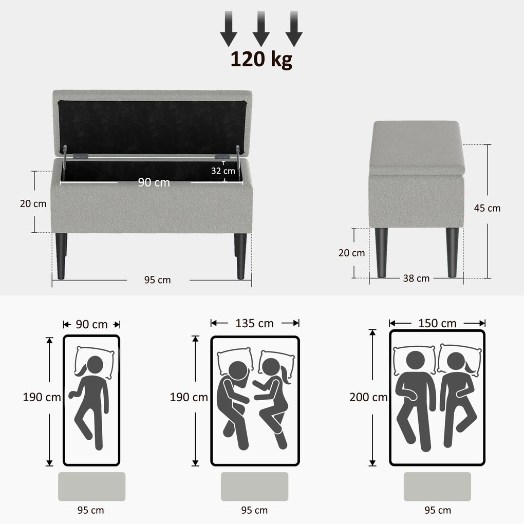 HOMCOM Lavice s úložným prostorem Čalouněná lavice s výklopným víkem v šedém sametovém vzhledu Komoda do obývacího pokoje Ložnice 95 x 38 x 45 cm | A…