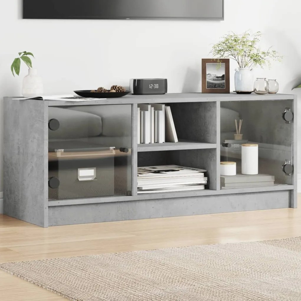 Tv Skříňka Se Skleněnými Dvířky Betonově Šedá 102X37X42 Cm - Bílá