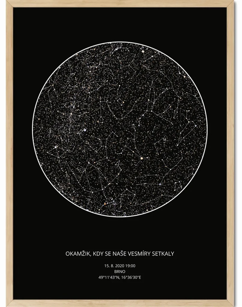 Hvězdná mapa Vašeho životního okamžiku Rozměr plakátu: 40 x 50 cm digitální pdf e-mailem, Barva pozadí: Vesmírná, Volba rámu: Bez rámu