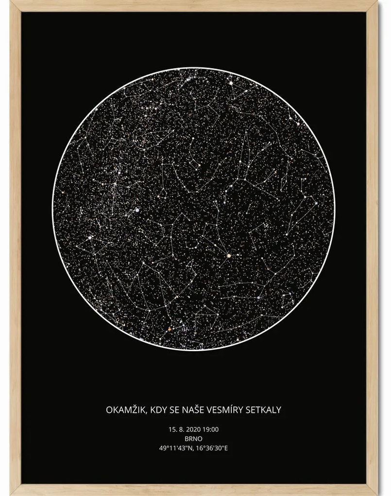 Hvězdná mapa Vašeho životního okamžiku Rozměr plakátu: 50 x 70 cm, Barva pozadí: Vesmírná, Volba rámu: Černý dřevěný rám