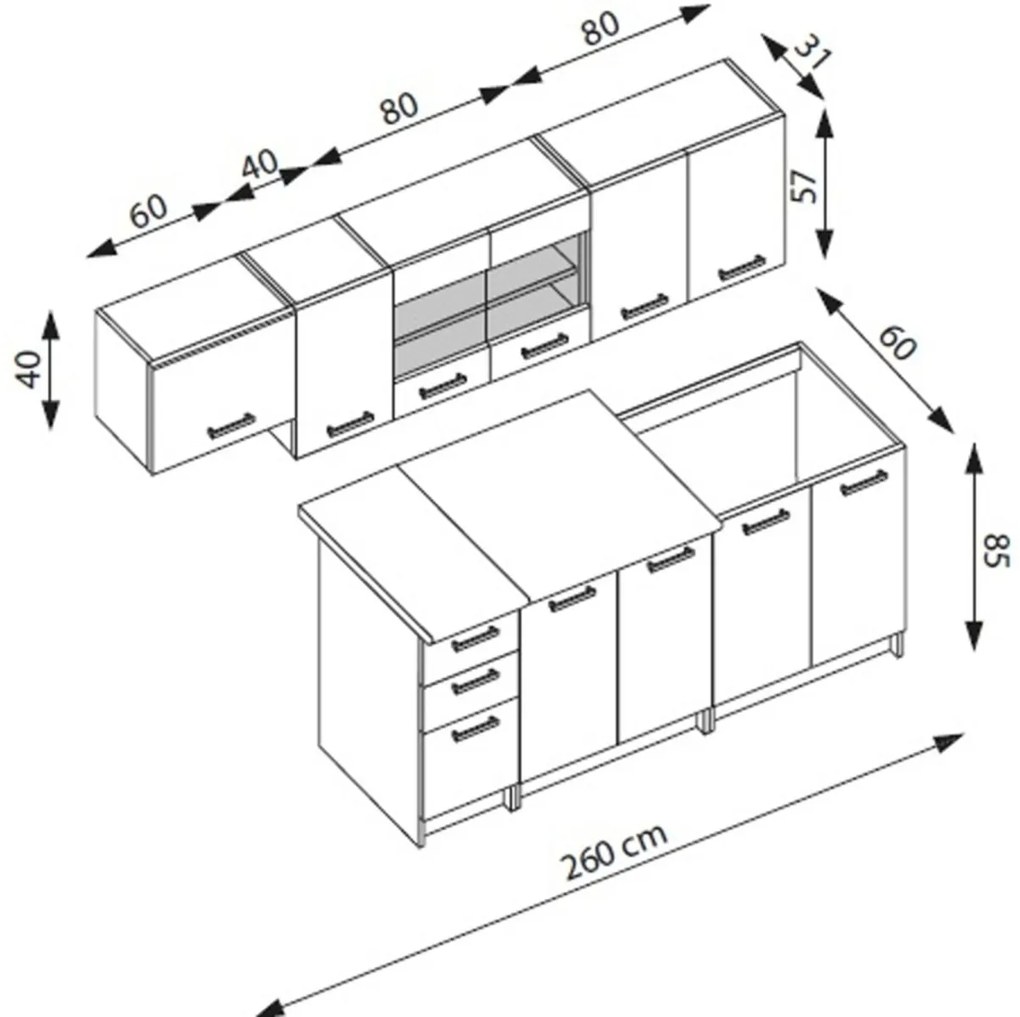HALMAR Kuchyně PERLA 260 Kašmír: dub sonoma+bílá