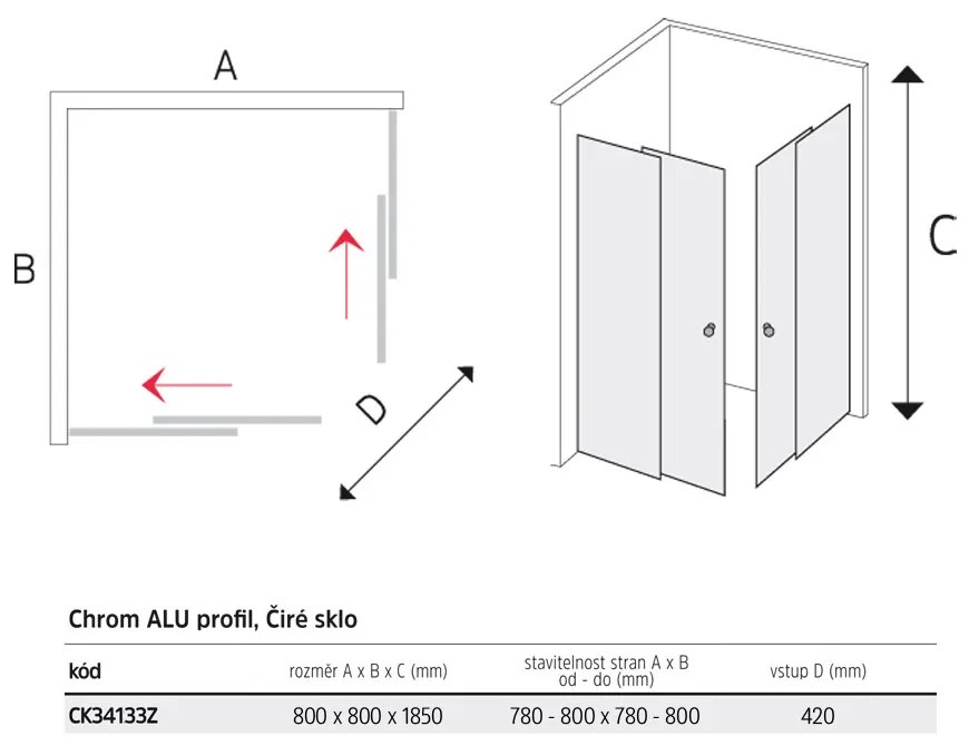 Mereo Kora Lite sprchový kout čtvercový 80 x 185 cm posuvné aluchrom sklo čiré CK34133Z