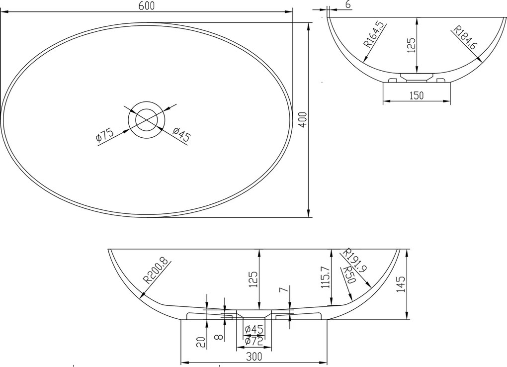 Sapho, THIN oválné umyvadlo 600x400x145mm, na desku, matná bílá, WN893