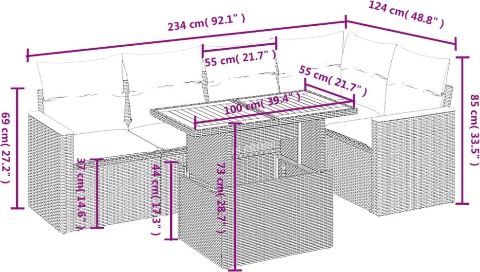 6dílná zahradní sedací souprava s poduškami černá polyratan 3273065