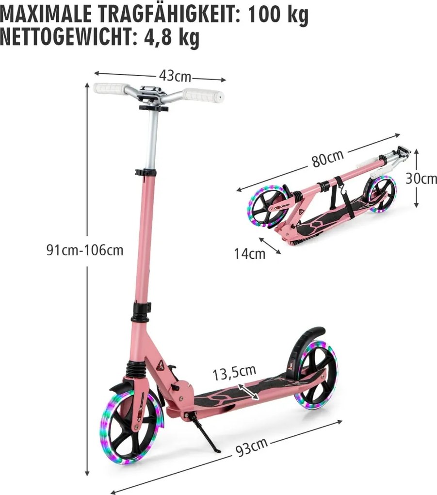 Costway Dětská koloběžka skládací se světly koloběžka výškově – růžový