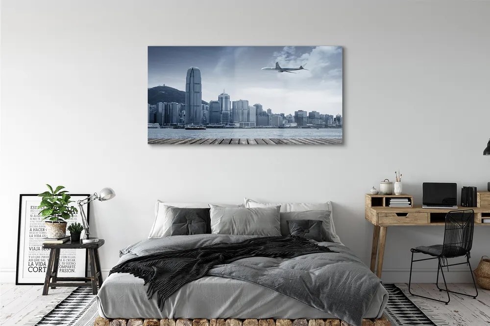 akrylový obraz Letadel mraky město 140x70 cm
