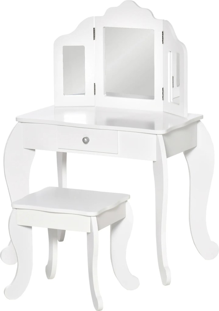 HOMCOM Dětský toaletní stolek s taburetem, triptychem zrcadel a posuvným zásuvkou - Rozměry toaletního stolku 63D x 40Š x 85,5V cm - Bílý akryl