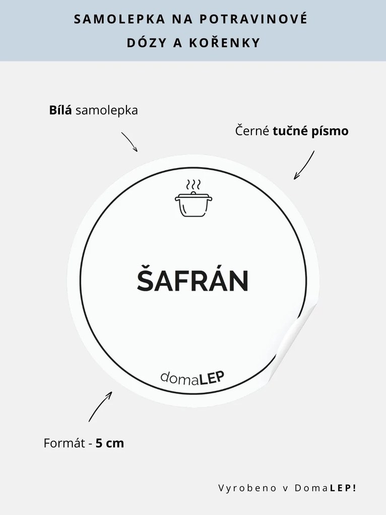 Samolepka na kořenky ŠAFRÁN bílá 5 cm tučné písmo