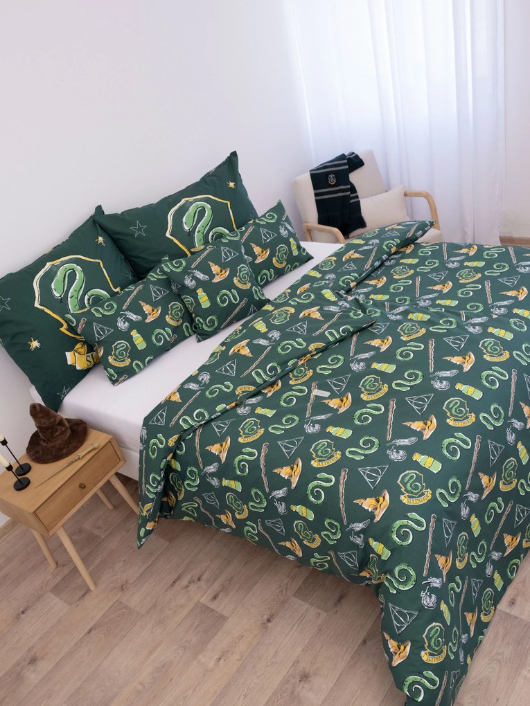 MK Lůžkoviny Francouzské bavlněné povlečení Renforcé - Zmijozel tmavě zelené 220 × 200 cm, 2ks 70 x 90 cm