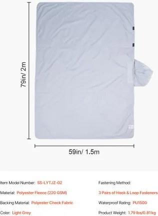 Campingová deka 200,7 × 149,9 cm nositelná teplá stadionová deka venkovní světle šedá