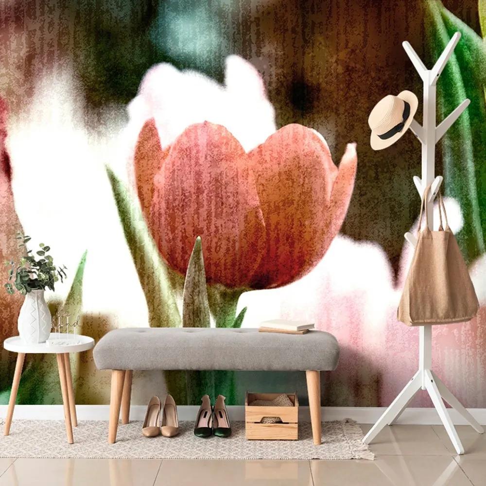 Samolepící tapeta louka tulipánů v retro stylu - 300x200 cm