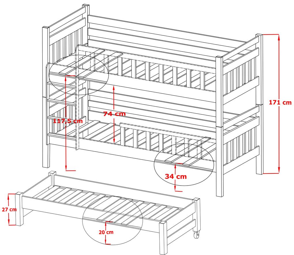 Dětská postel 90 cm KRISTY (s roštem a úl. prostorem) (borovice). 1013252