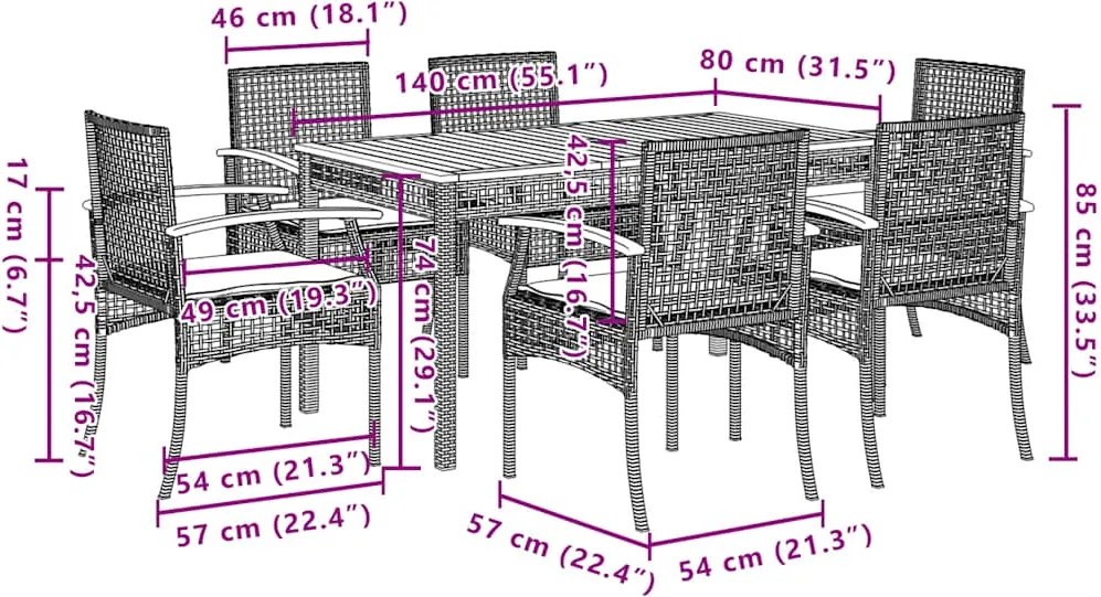 7dílný zahradní jídelní set s poduškami šedý polyratan 3213572