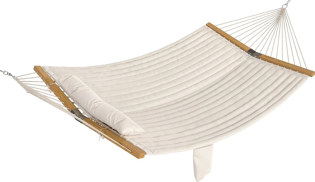 Outsunny venkovní houpací síť 200 x 140 cm — prošívaná dvouvrstvá s opěrkou hlavy a kapsou na časopis, krémově bílá | Aosom