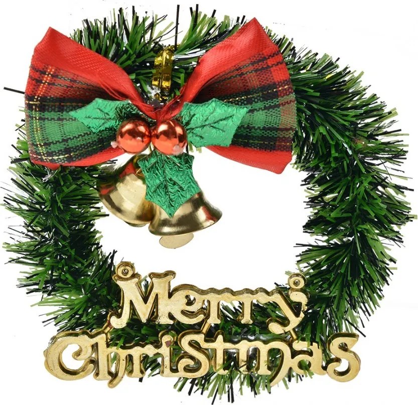 Zelený umělý vánoční věneček se zvonky Merry Christmas - Ø 8 cm