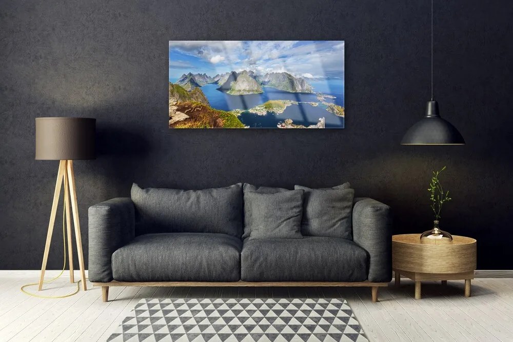 Obraz na skle Hory Moře Záliv Krajina 140x70 cm