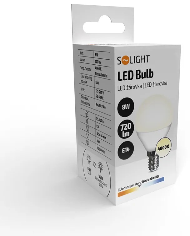 SOLIGHT LED žárovka miniglobe matná P45 8W, E14, 4000K, 720lm