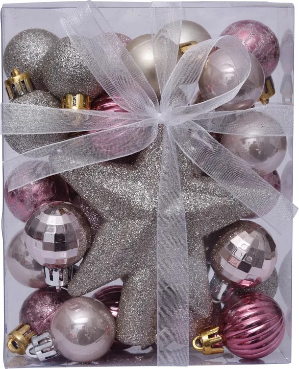 Sada vánočních ozdob růžová a stříbrná 3 cm, 1× glitter špice, plastové baňky IP44 venkovní, balení 29 ks