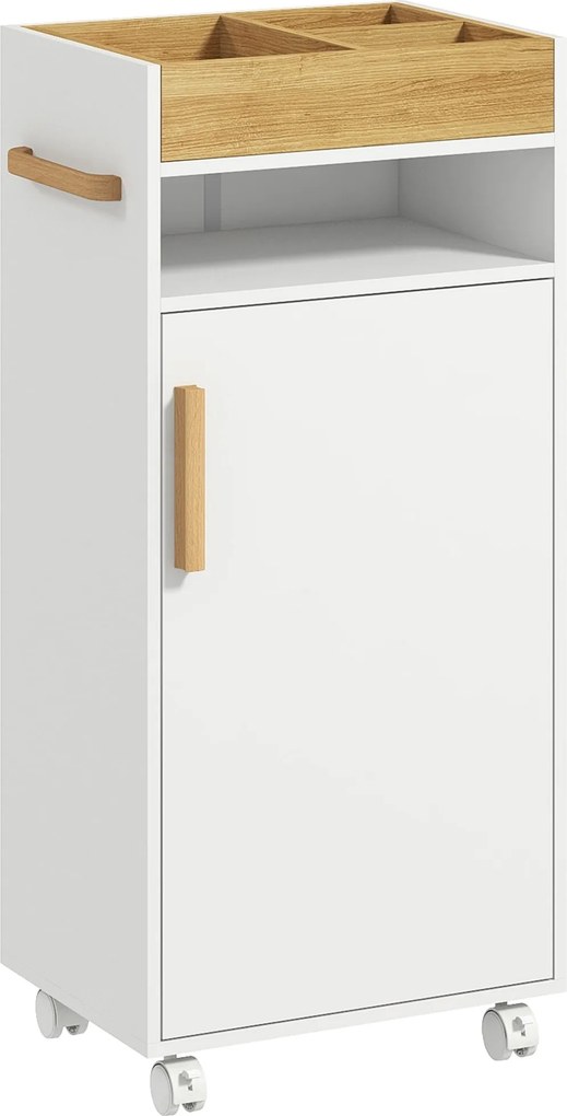 Kleankin Moderní Koupelnová Skříňka Auxiliární Sloupec, Koupelnová Skříň s Nastavitelnými Policemi, Odnímatelným Příborníkem a Koly 40x30x88 cm Bílá a
