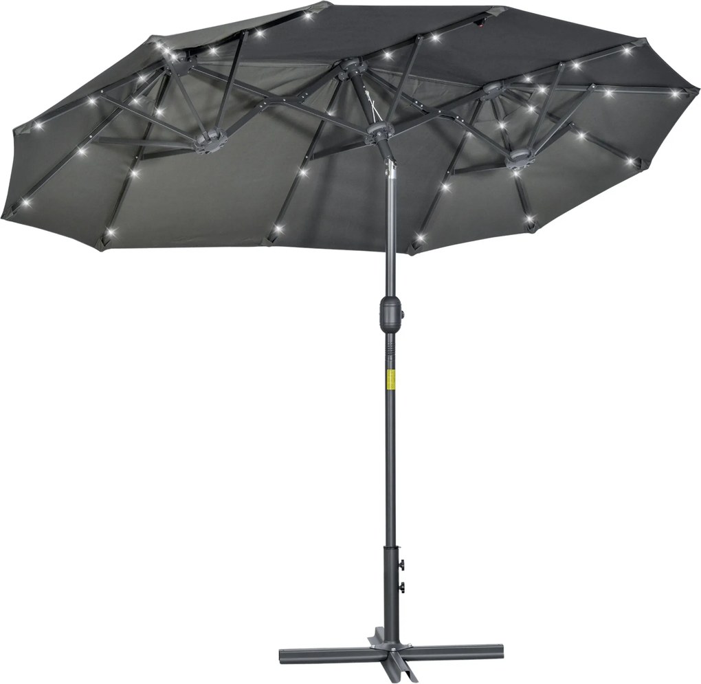 Outsunny Dvojitý slunečník 295x150x219 cm s LED solárními světly, nastavitelné sklopení a manuální klička pro terasu, bazén a pláž, šedý