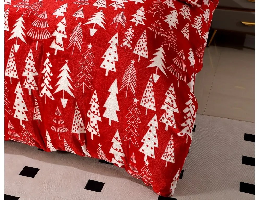 Povlečení mikroplyš CHRISTMAS TREES červené + prostěradlo mikroplyš SOFT 90x200 cm bílé