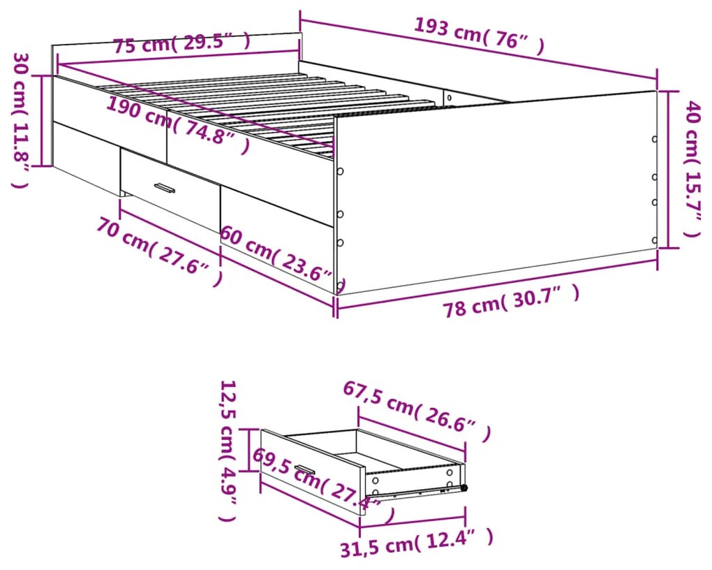 Rám postele se zásuvkami dub sonoma 75x190 cm kompozitní dřevo