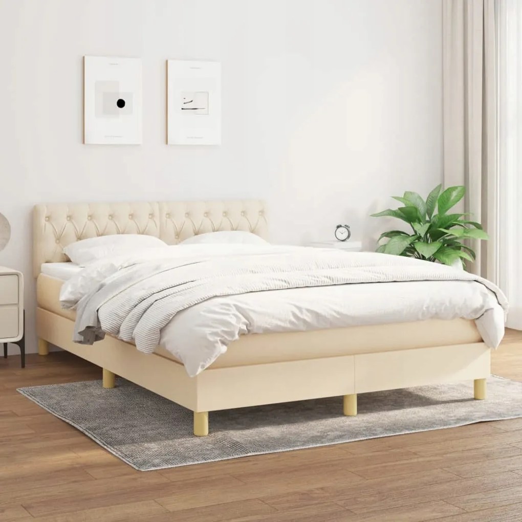 Box Spring Postel S Matrací Textil Krémová Prošívaný design 140 x 190 cm