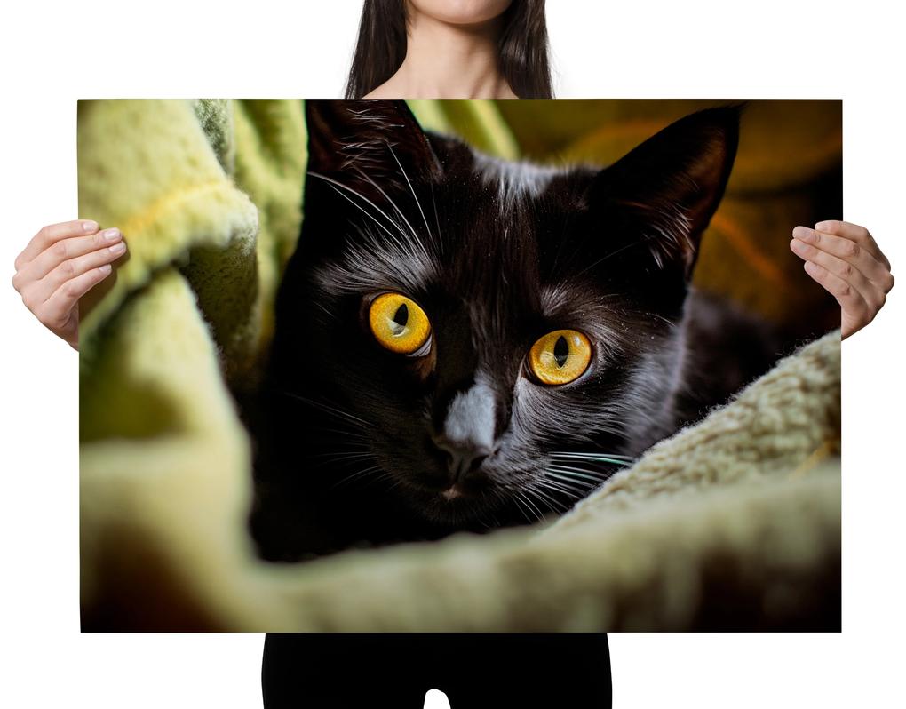 Plakát - Najdi kočku, černá kočka v zelené dece FeelHappy.cz Velikost plakátu: A3 (29,7 × 42 cm)