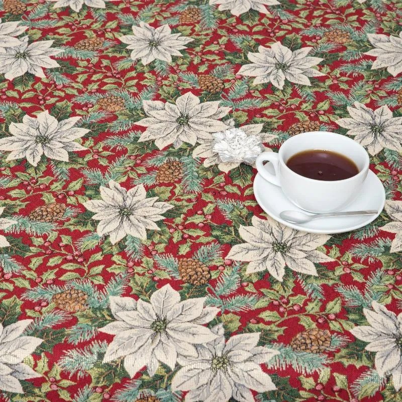 SCANquilt ubrus BONA LUREX vánoční hvězda červenosmetanová 140 x 220 cm