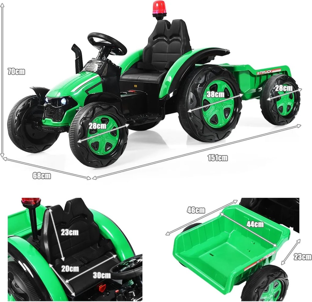 Costway 12 V dětský elektrický traktor s přívěsem – 151 × 68 × 70 cm, zelený
