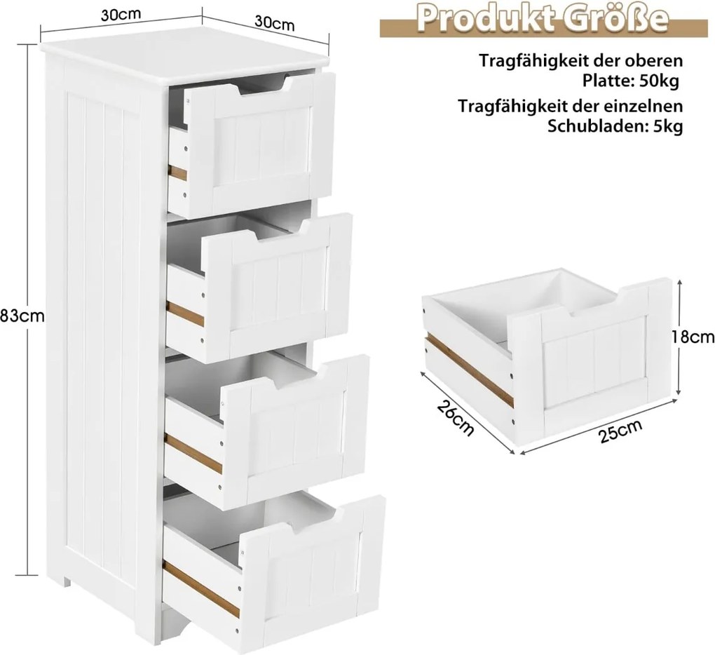 Costway Koupelnová skříňka s 4 zásuvkami úložná koupelnová komoda