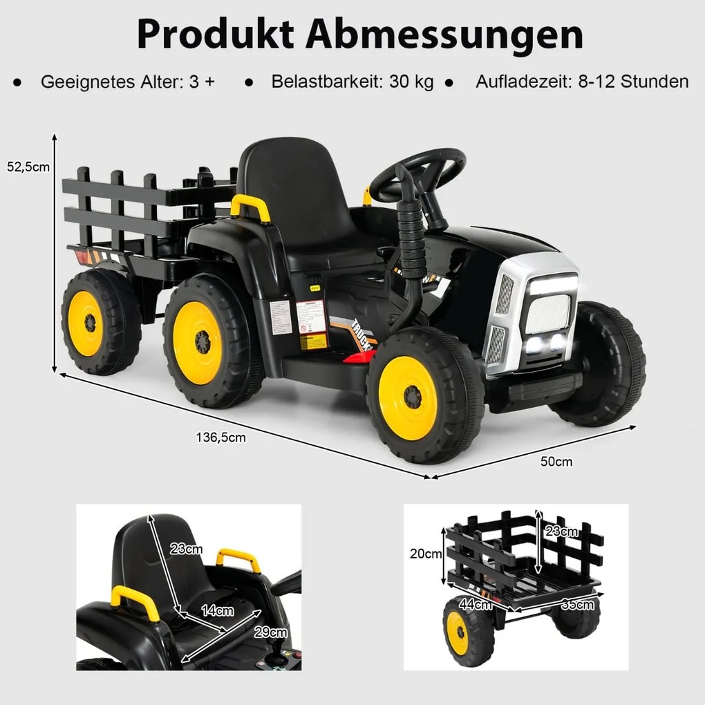 Costway 12 V dětský traktor s odnímatelným přívěsem a dálkovým ovládáním
