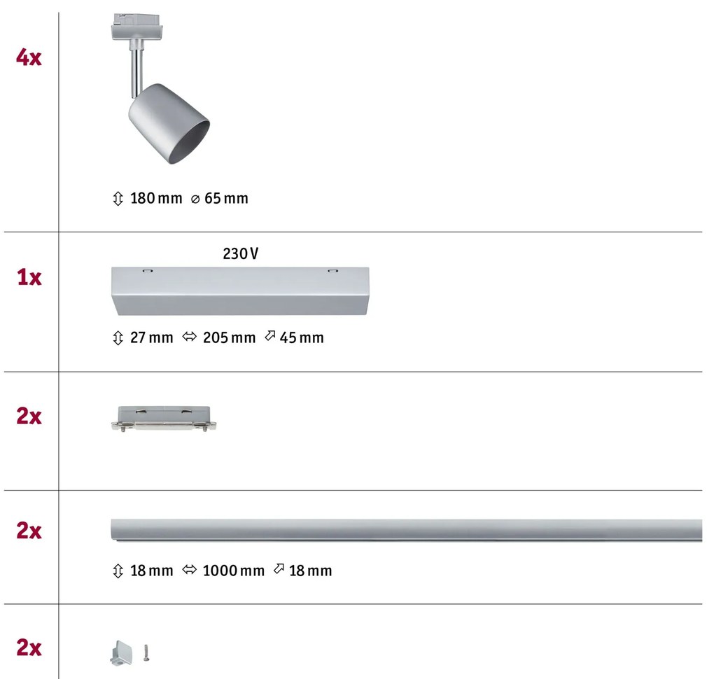 Paulmann 96897 Cover, základní set Urail systemu, 4xGU10 max. 10W, matný chrom, délka 2,2m