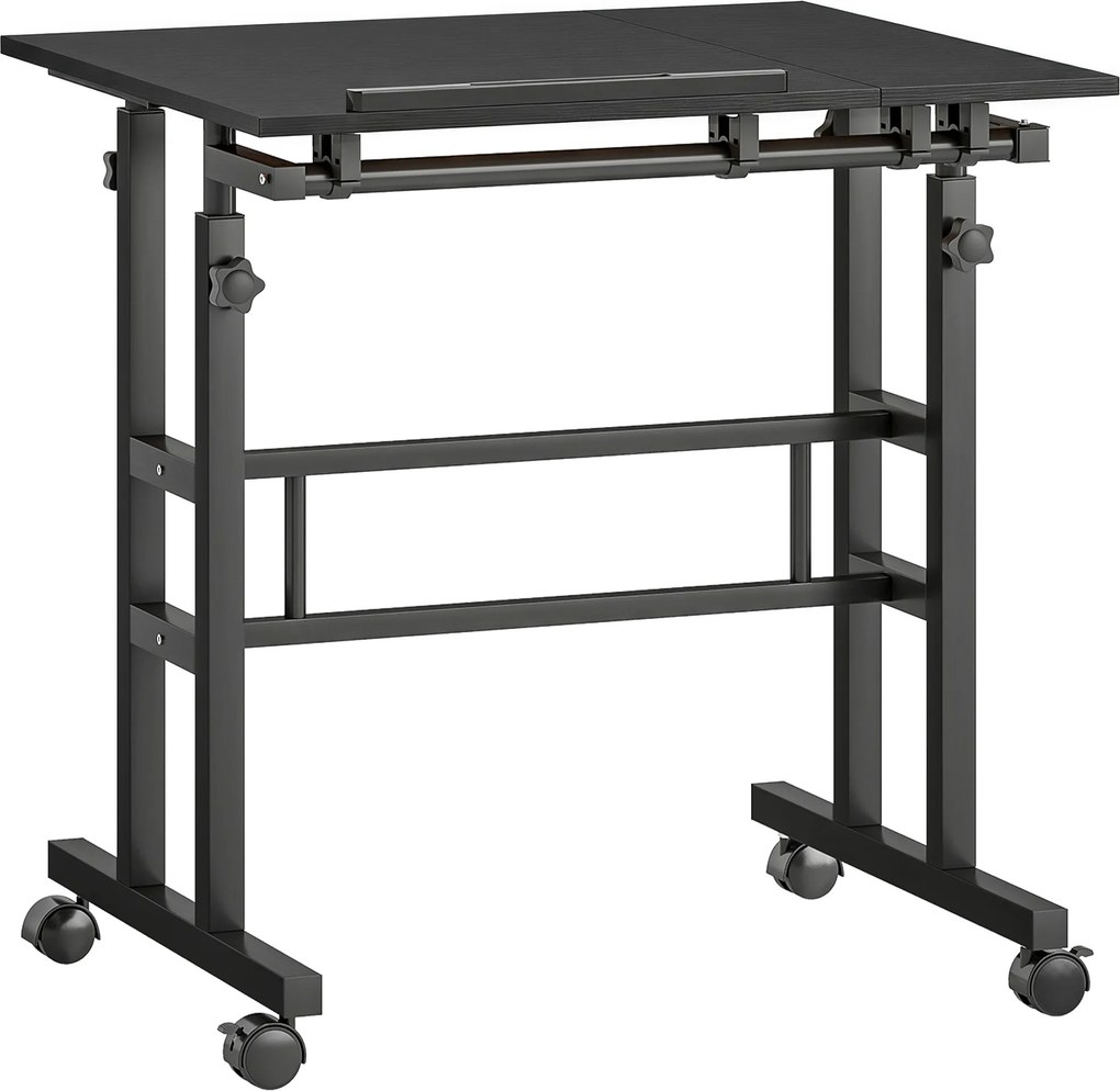 HOMCOM sedací‑stojací stůl výškově nastavitelný 70 x 60 cm na kolečkách s naklápěcí deskou, černý kovový rám