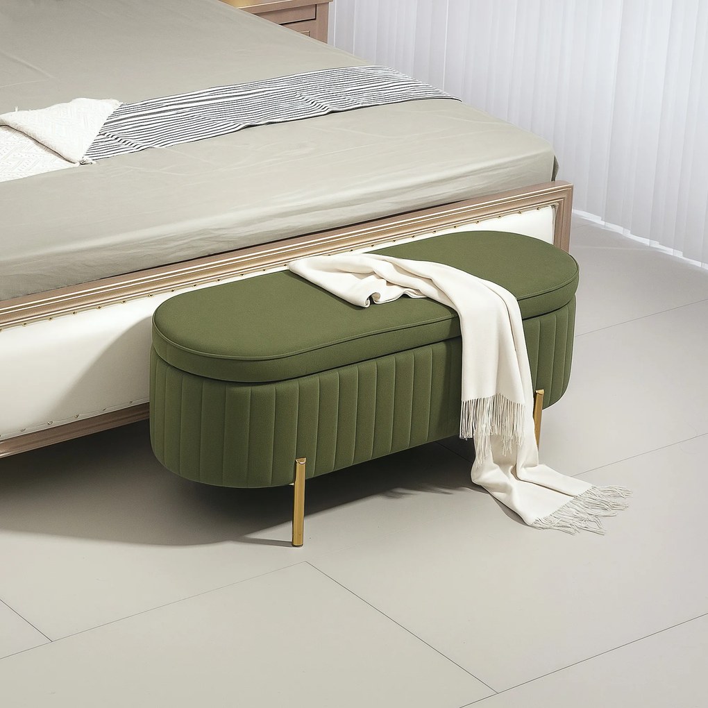 HOMCOM Oválná úložná lavice 72L s výklopným víkem a rýhovaným designem, moderní sametová tkanina a borovicové dřevo, 108x44x43,5 cm, tmavě zelená