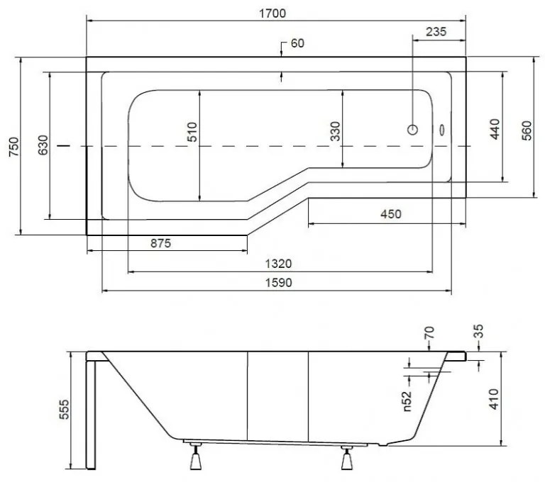 BESCO Asymetrická vana ESTE Nožičky k vaně - Bez nožiček, Rozměr vany - 170 × 75 cm, Způsob provedení - Levé - VANEST17L