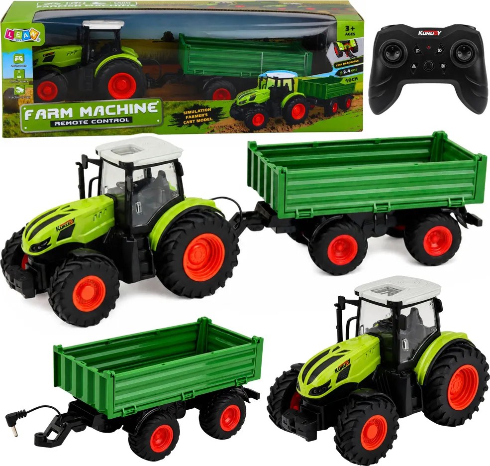LEAN Toys Zemědělský traktor s vyklápěcím přívěsem, dálkově ovládaný RC, zelený, měřítko 1:24