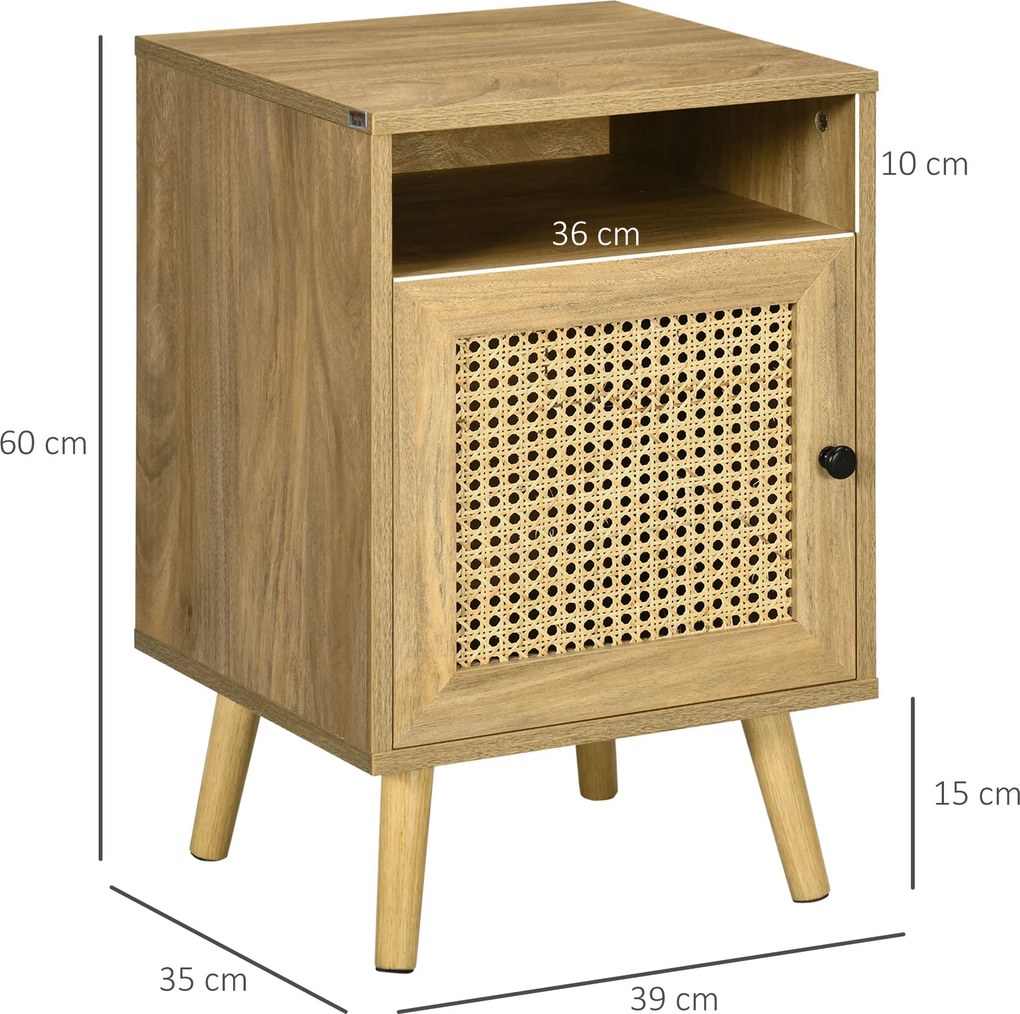 HOMCOM Sada 2 nočních stolků s ratanovými dveřmi a otevřenou policí pro ložnici a obývací pokoj 39x35x60 cm