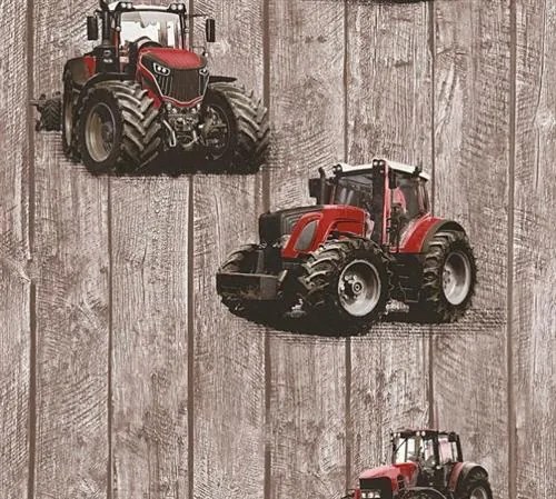 Dětské vliesové tapety na zeď Little Stars traktory červené na dřevených deskách