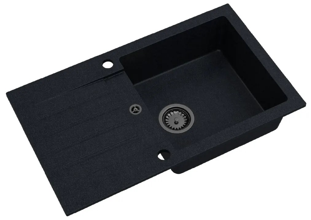 Sink Quality Natalie, kuchyňský granitový dřez 770x450x170 mm + černý sifon, černá skvrnitá-BROCADE, SKQ-NAT.B.1KDO.XB